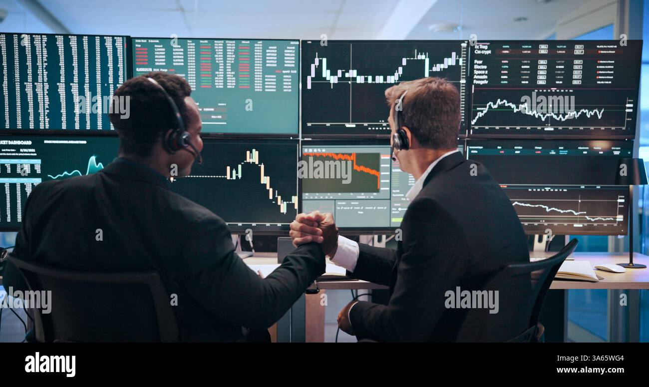 Business men, screen and computer with handshake of trading ...