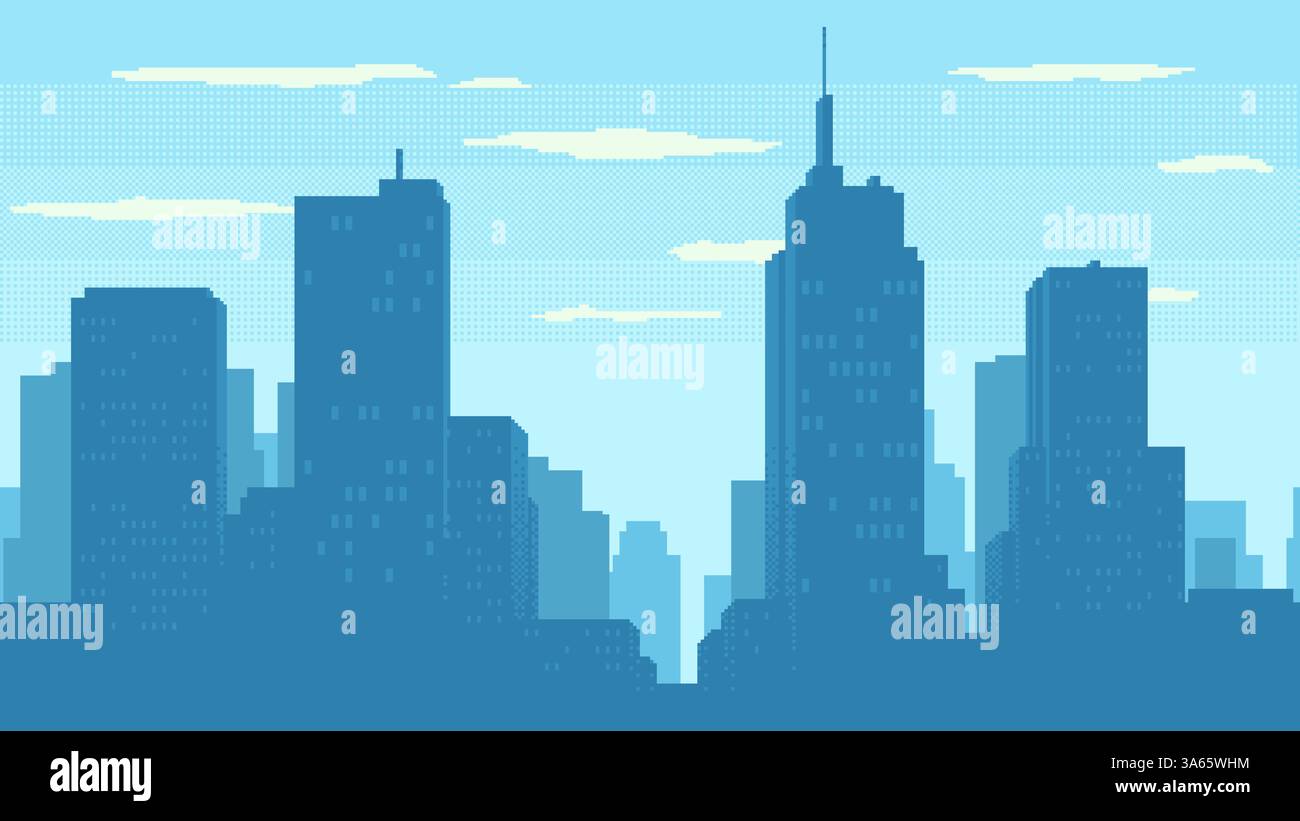 Day time cityscape pixel art. High buildings silhouette and clouds. 2d ...