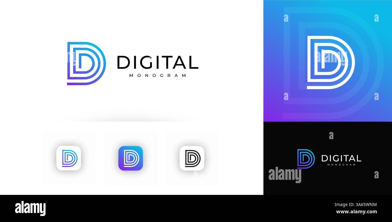 Stylized letter D formed by layered digital lines with gradient color ...