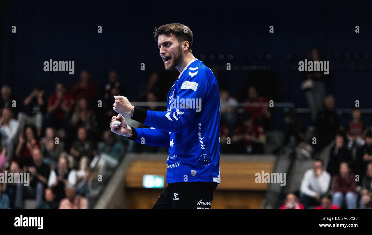 Ivan Herceg (12 HSC Suhr Aarau) celebrating a save during Quickline ...