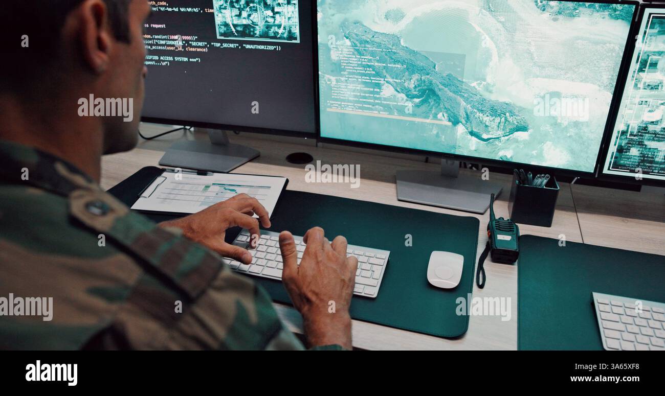 Man, army and typing with computer screen in control room, military battle and monitoring war ...
