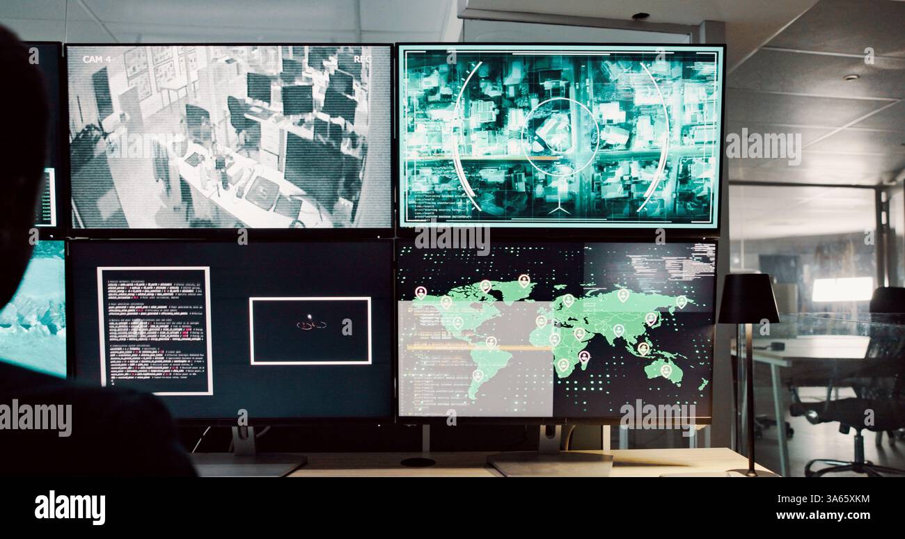 Person, computer and screen with satellite security of global ...