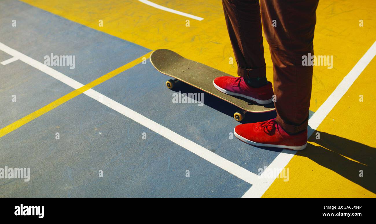 Skateboard, sneakers and person outdoor for sport, competition ...