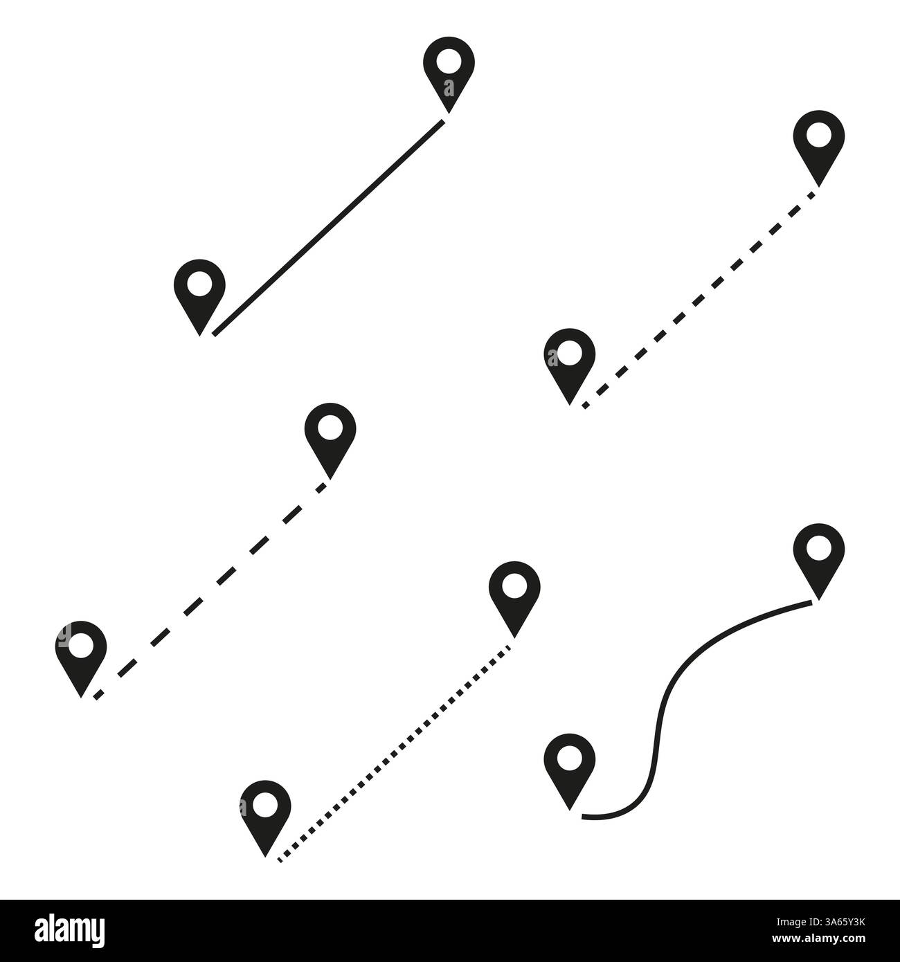 Set of location pin icons with dotted and solid lines. Map route and navigation concept. Black ...
