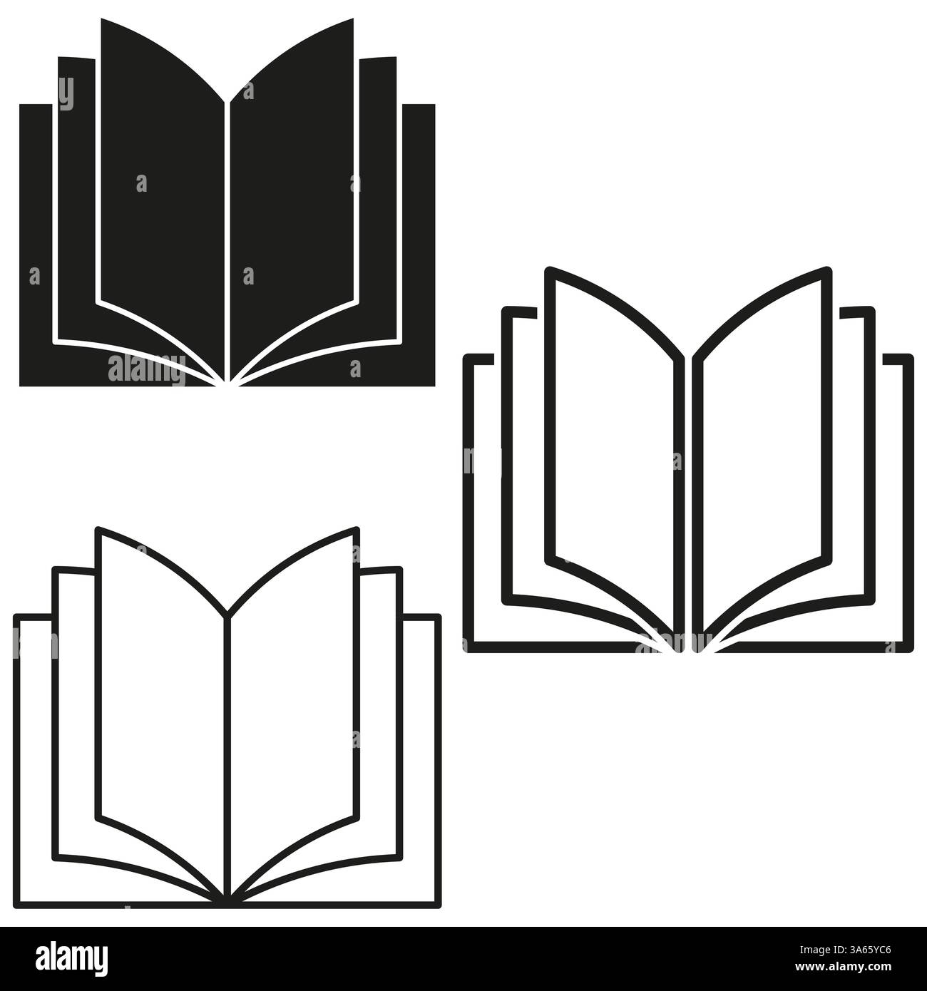 Open book icons. Black and white designs. Minimal reading symbols ...