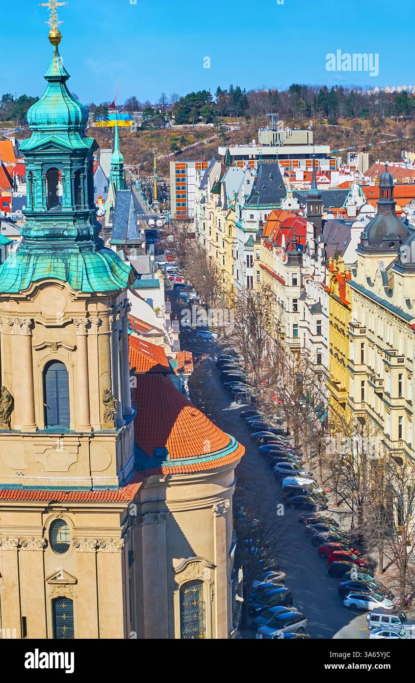 The old copper roof spire of the bell tower of St Nicholas Church and ...