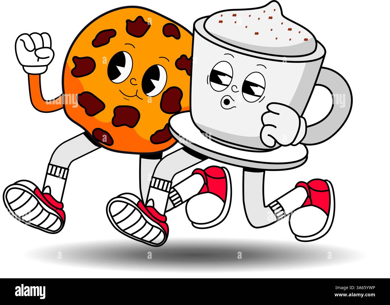 Coffee and sweets couples. Cartoon retro 70s breakfast pair in coffee ...