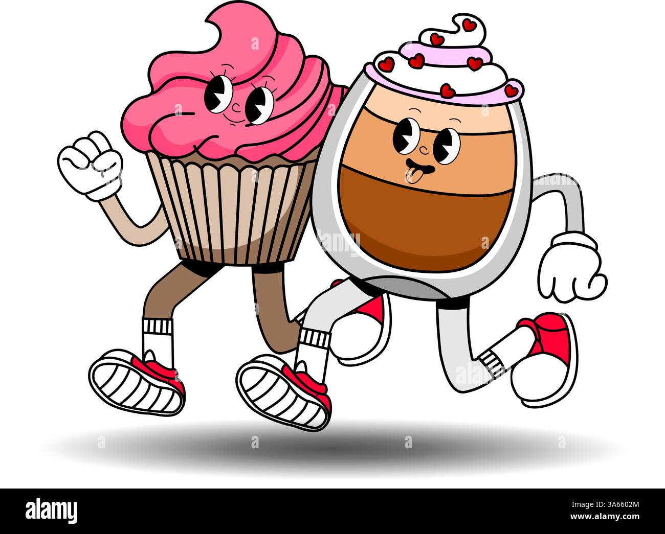 Ice-Cream and sweets couples. Cartoon retro 70s breakfast pair in ...