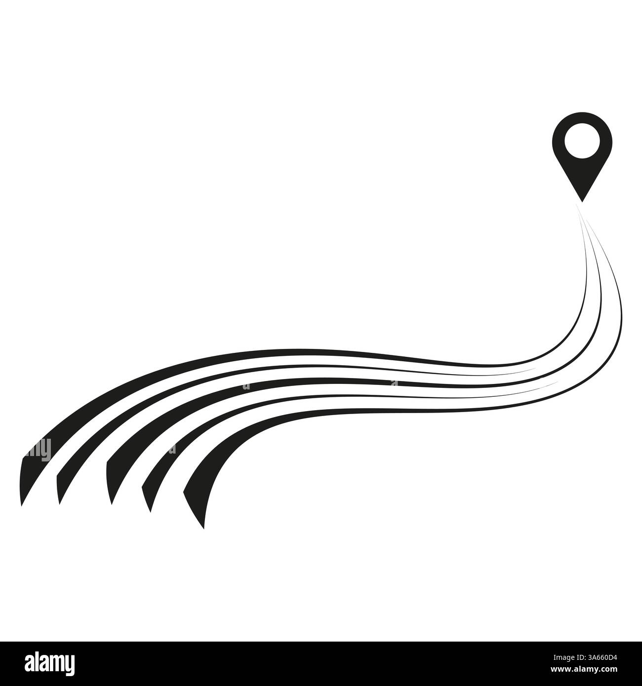 Pin location icon. Black dynamic line. Abstract striped path. Minimal ...