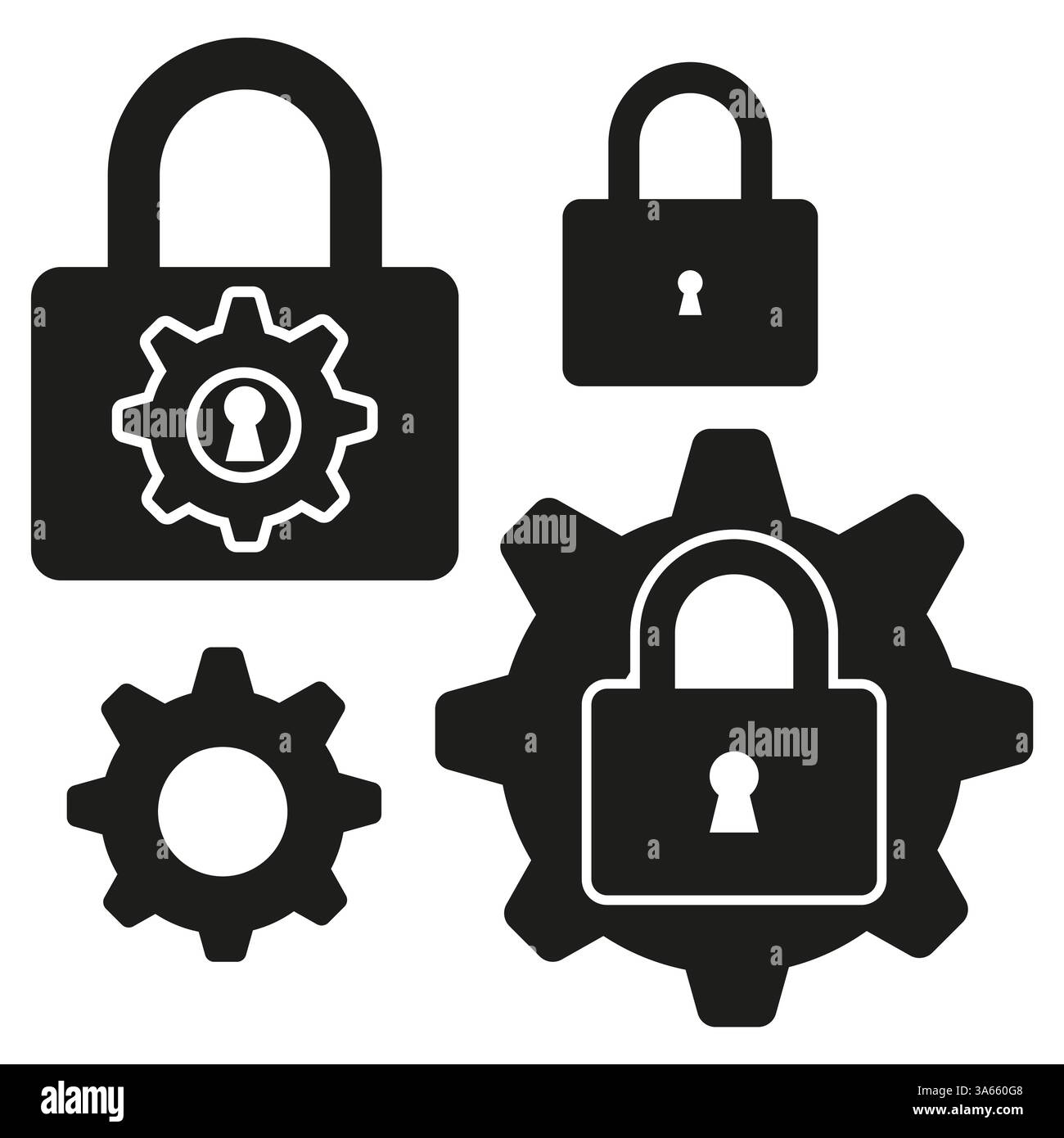 Lock and gear icons. Security and settings symbols. Padlock shapes set ...