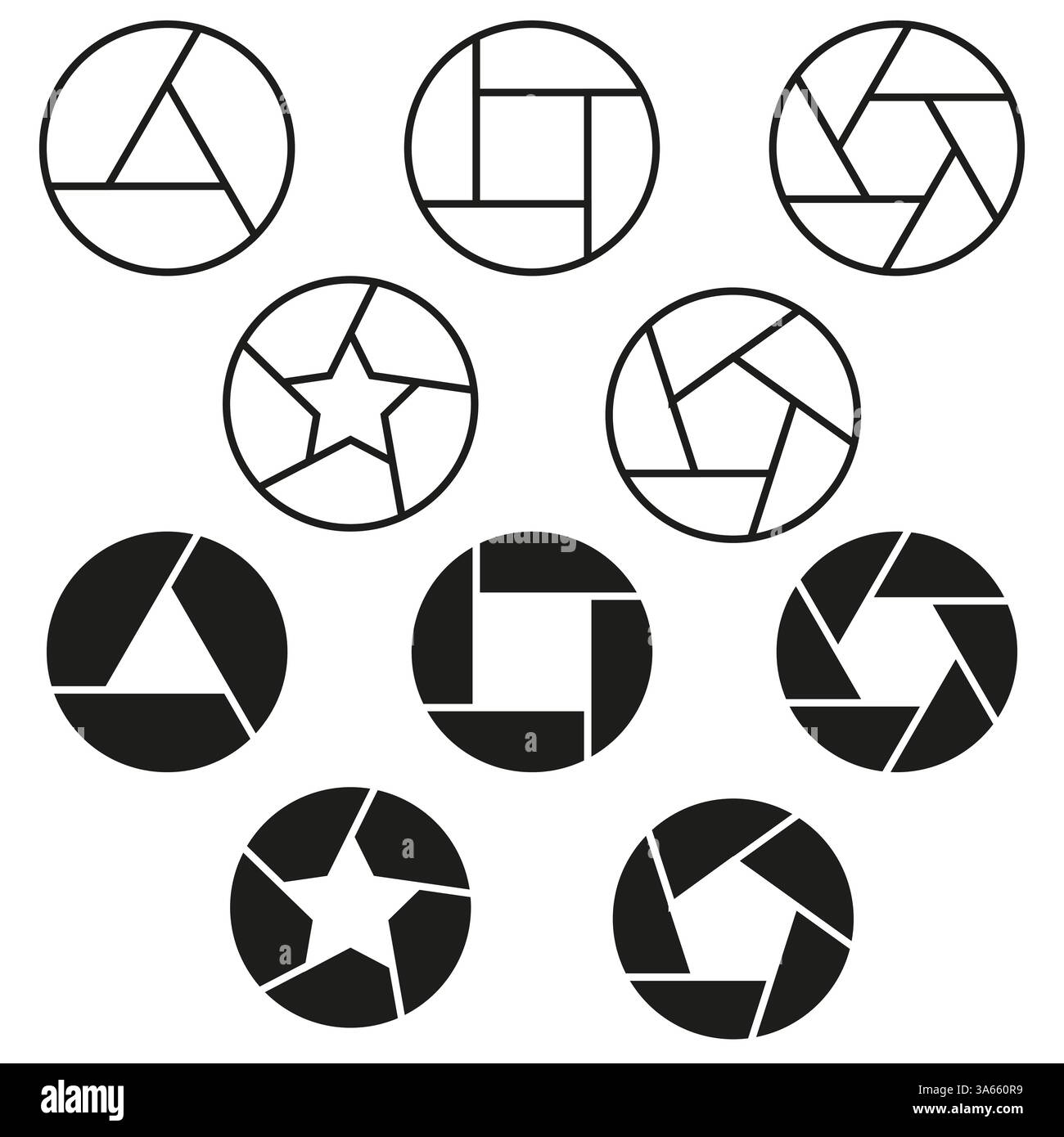 Camera aperture icons. Photo star circles. Bold black shapes. Vector ...