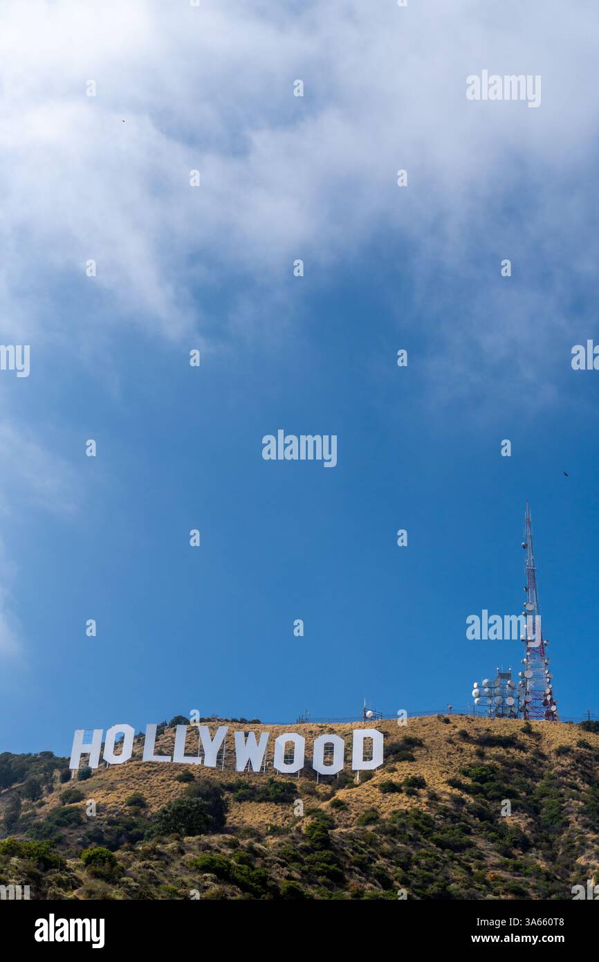 The iconic Hollywood sign can be found situated atop a prominent hill ...