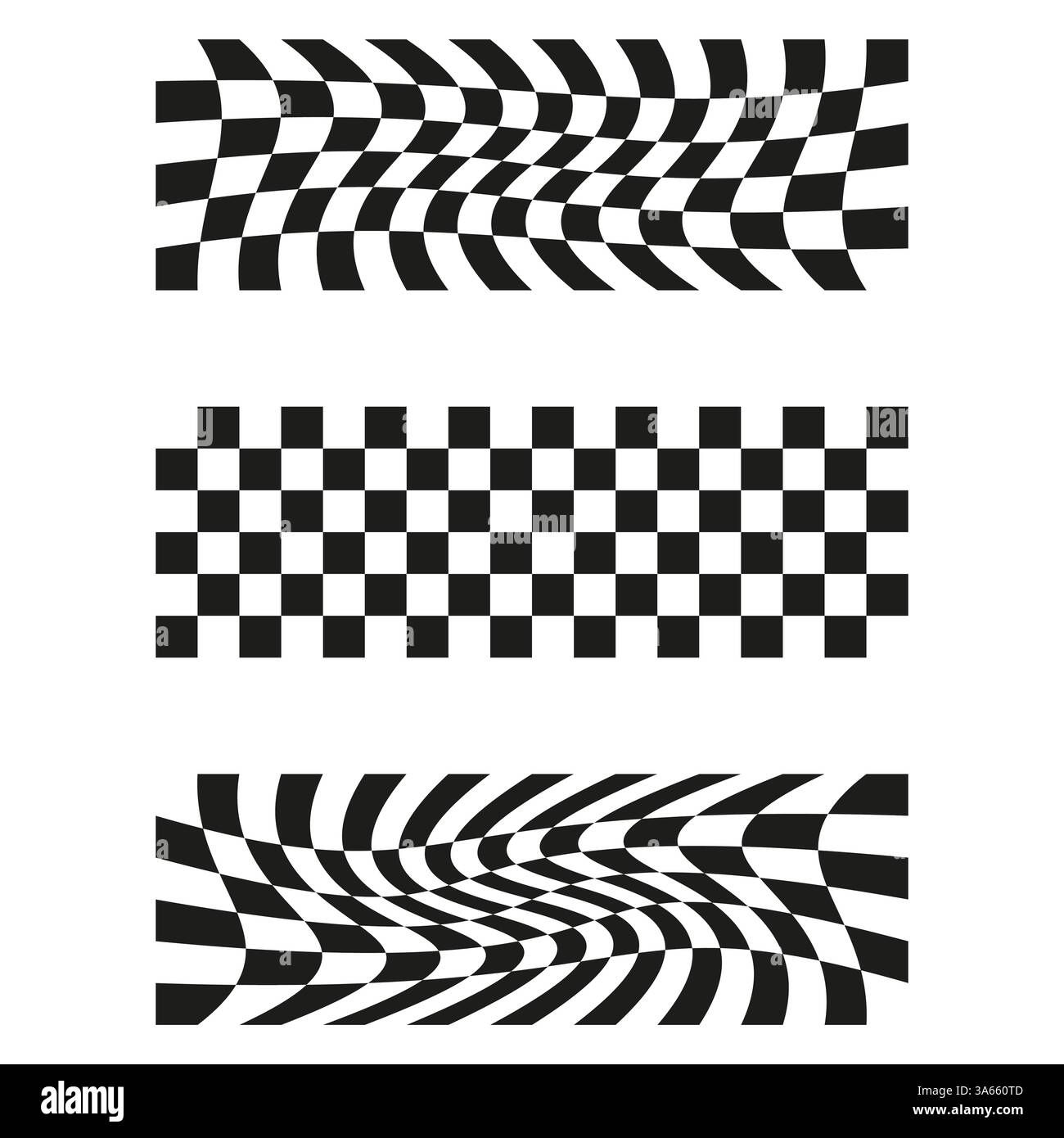 Distorted checkered stripes. Racing flag illusion. Abstract black white. Vector background Stock ...