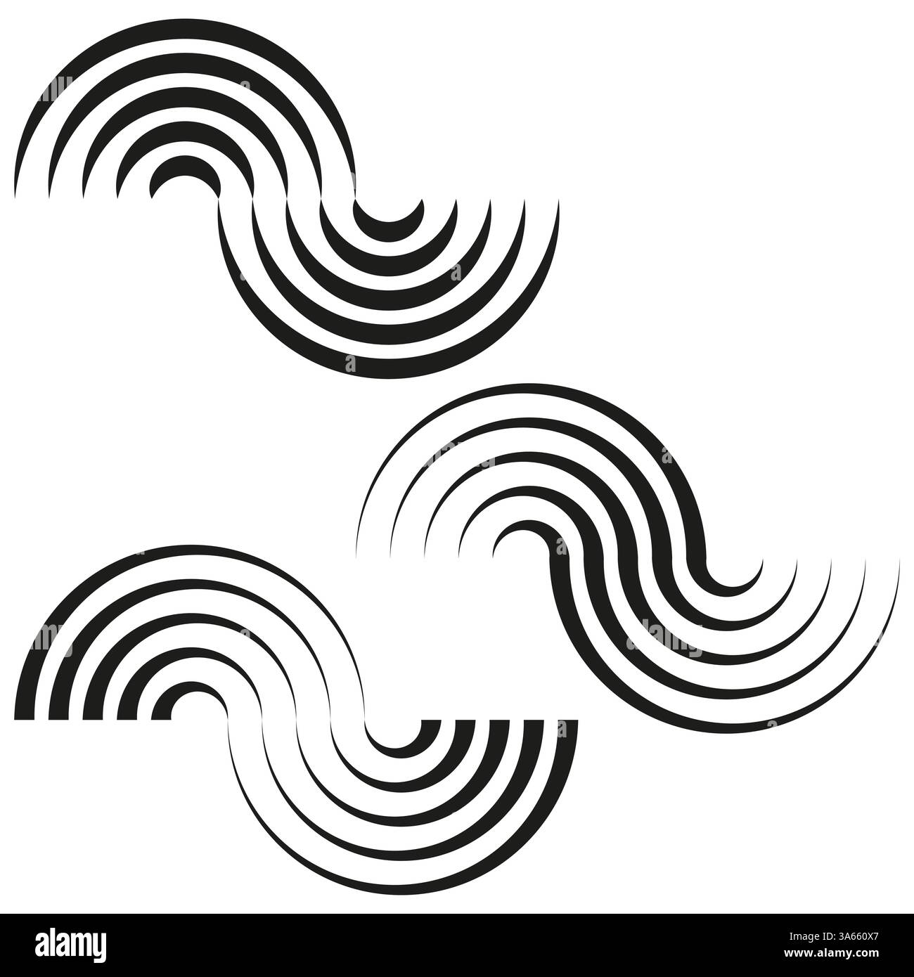 Wavy concentric shapes. Abstract black arcs. Dynamic curved elements. Symmetrical vector design ...