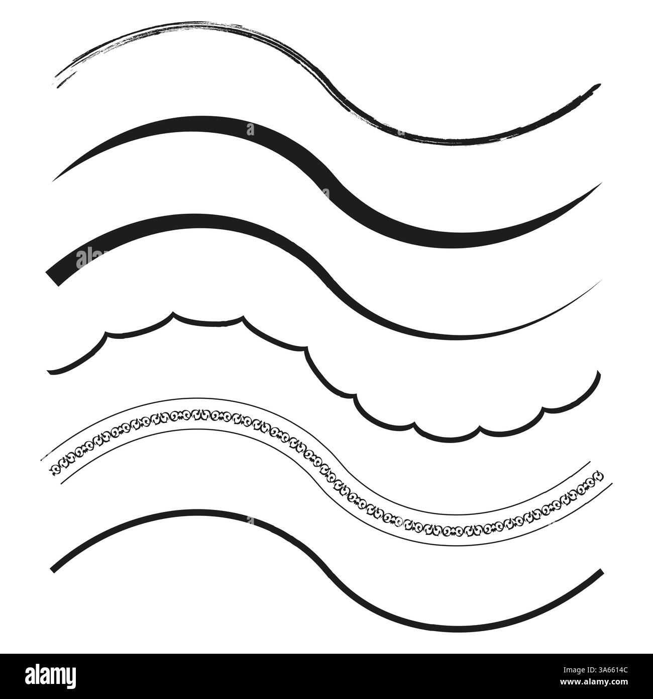 Wave line set. Curved brush strokes and decorative elements. Abstract ...