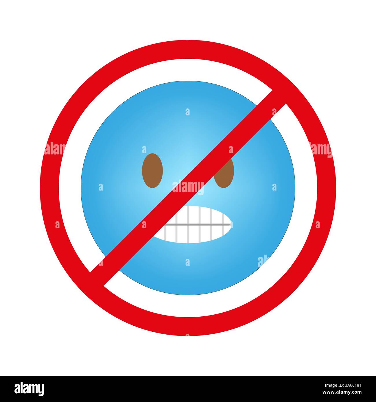 Blue emoji with teeth. Red crossed circle. Prohibited tense symbol ...