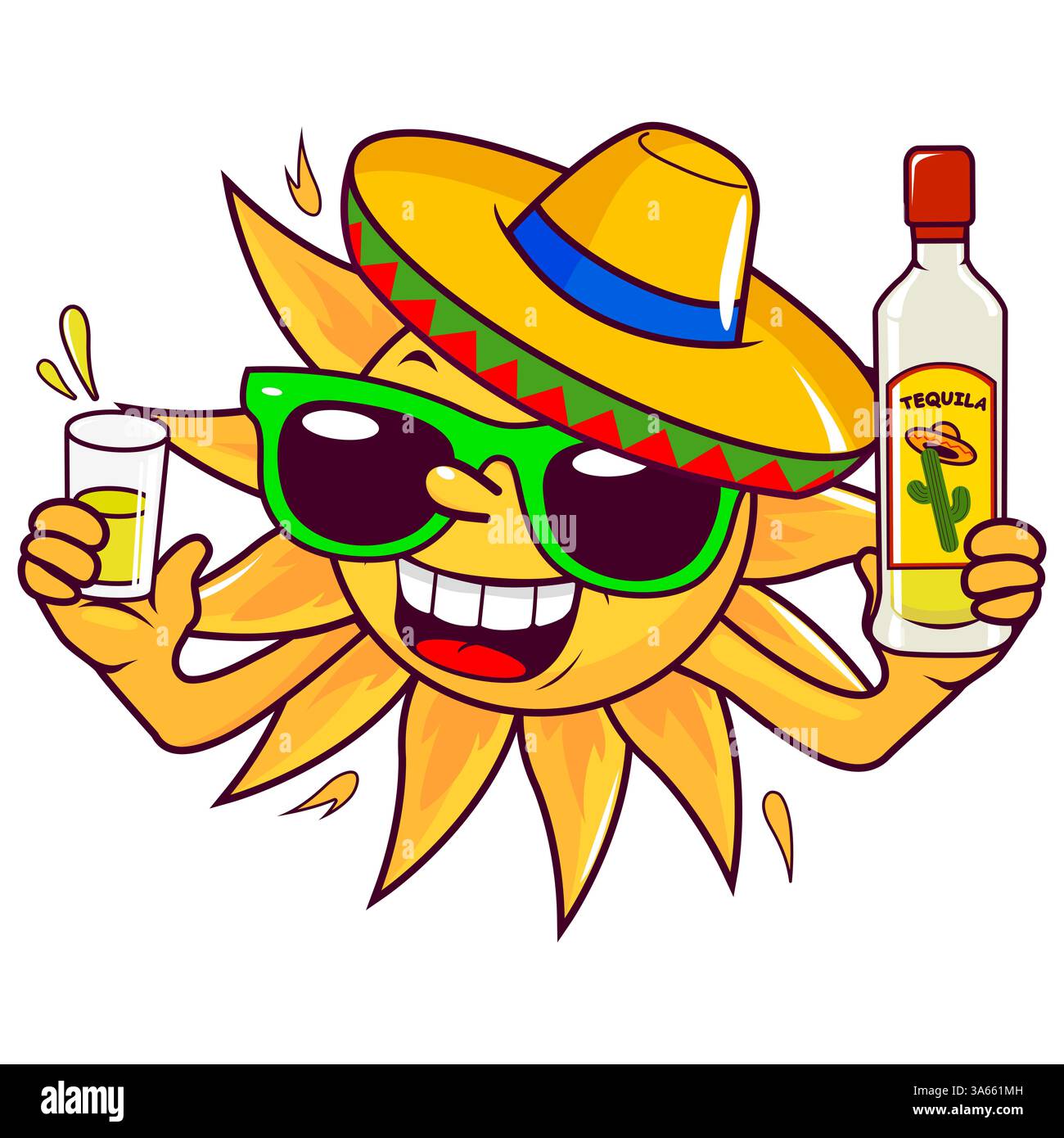Cartoon sun drinking tequila. Summer Mexican sun with sombrero hat ...