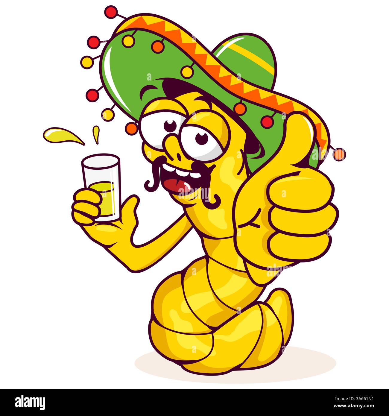 Cartoon tequila worm drinking a shot of tequila. Mexican cartoon drunk ...