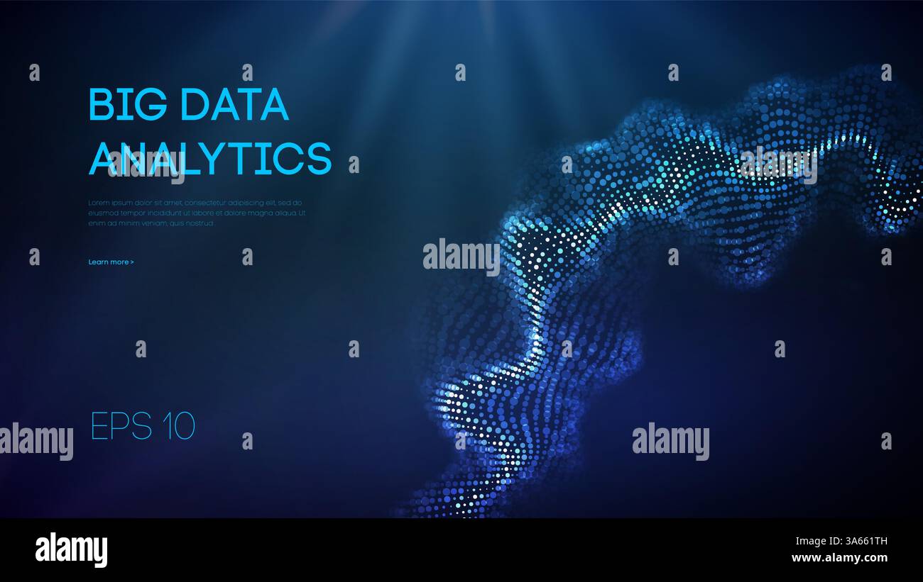 Big data analytics visualization with glowing blue wave of circular digital particles on dark ...