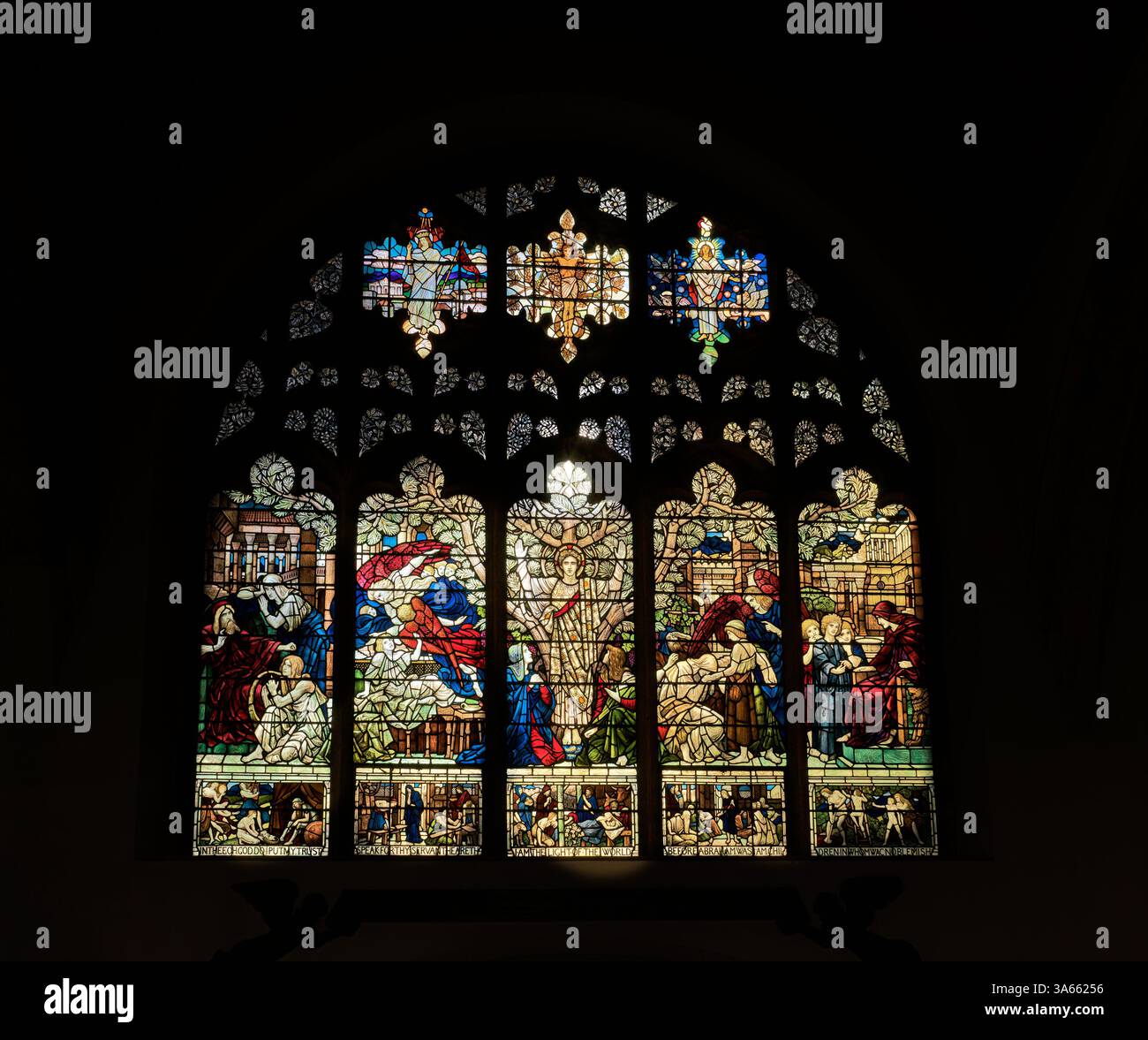 Stained glass window, featuring the crucifixion and resurrection of ...