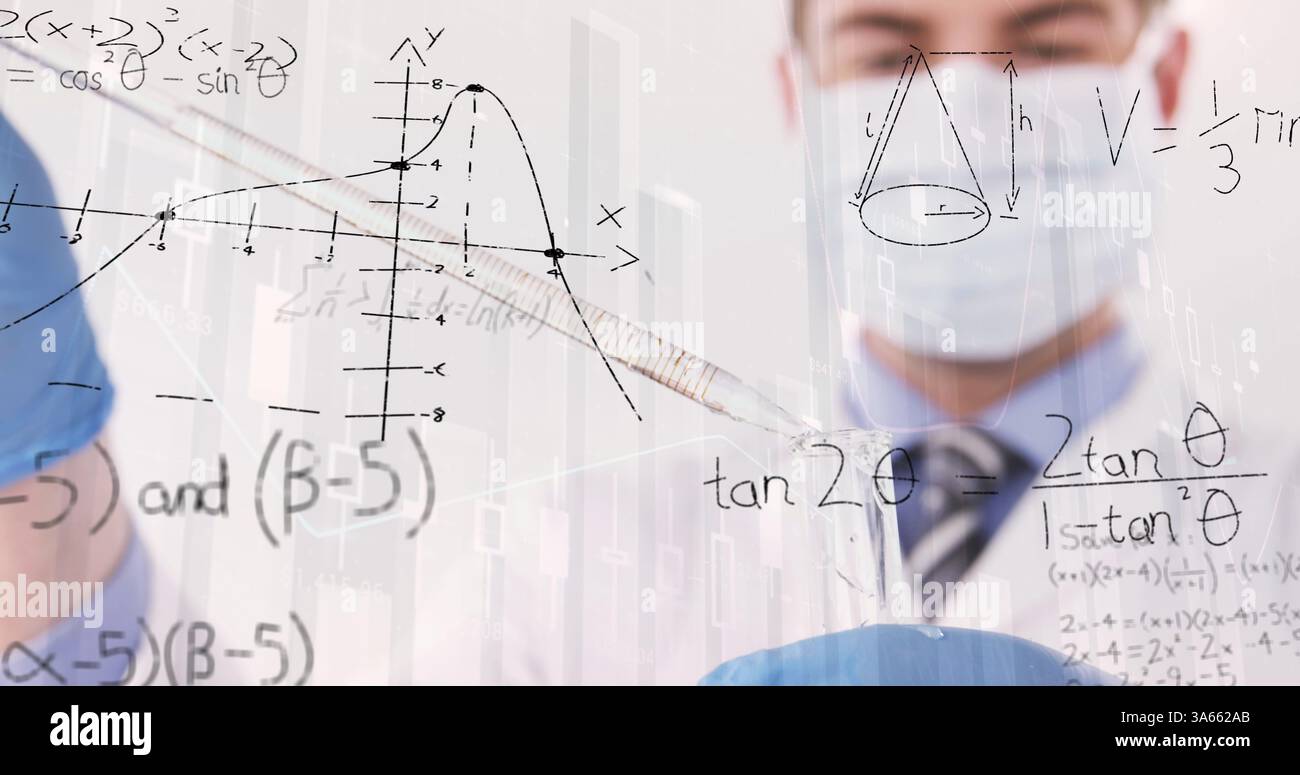 Scientist in lab coat analyzing test tube with mathematical formulas ...