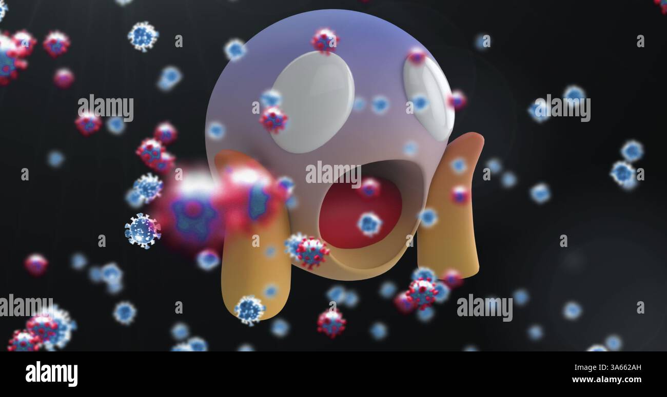 Shocked emoji surrounded by virus particles, illustrating digital ...
