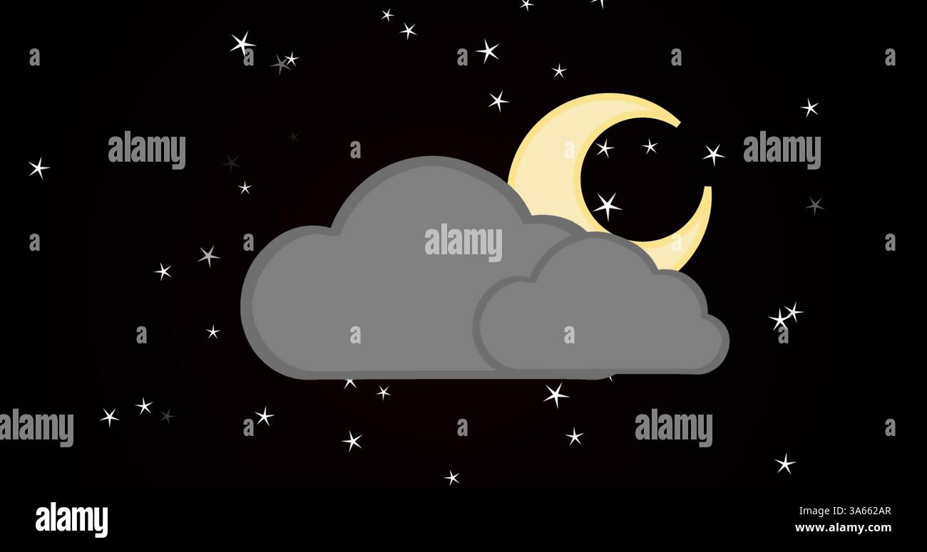 Crescent moon and stars shining brightly behind dark cloud in night sky ...