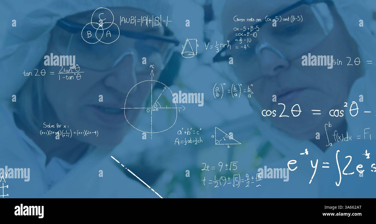 Analyzing complex equations on transparent board, scientists in lab ...