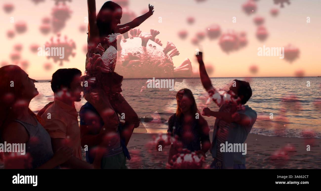 Image of cells floating over multi-ethnic group of people partying at a ...