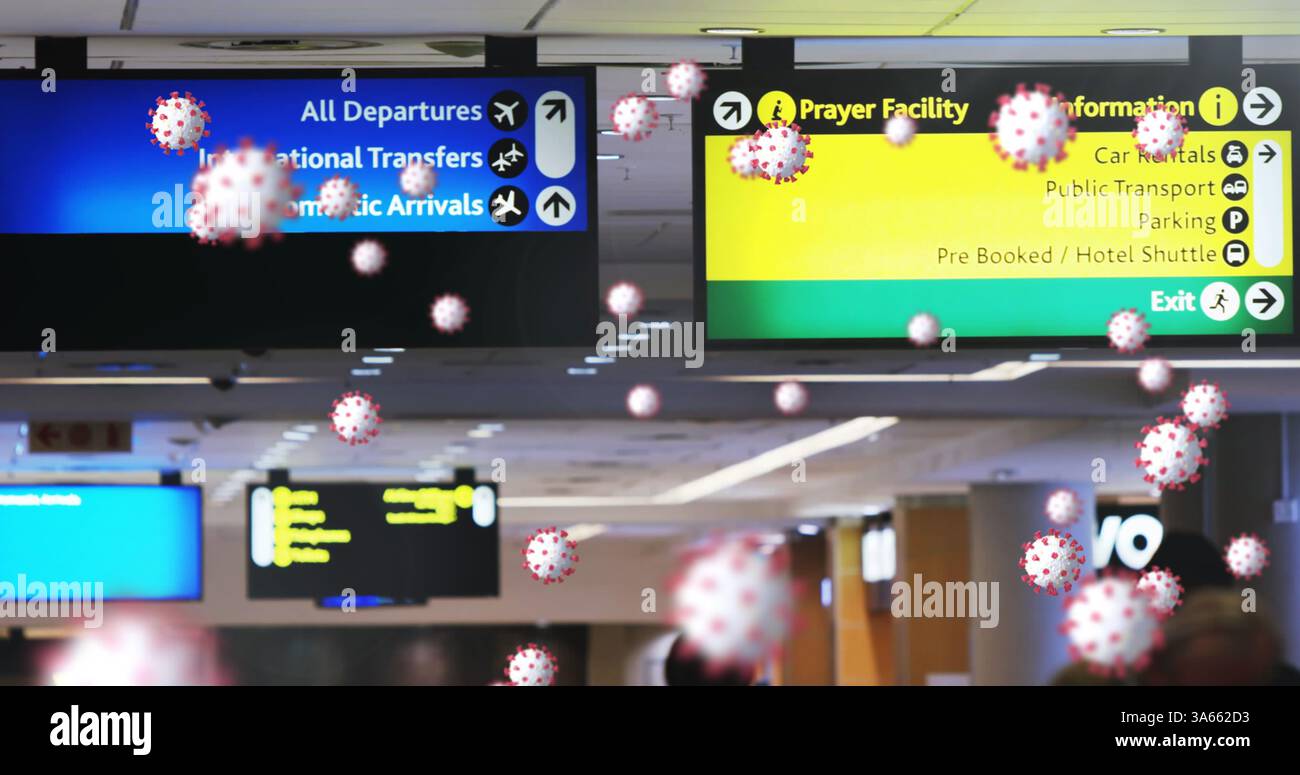 Airport signs displaying travel restrictions with floating virus ...