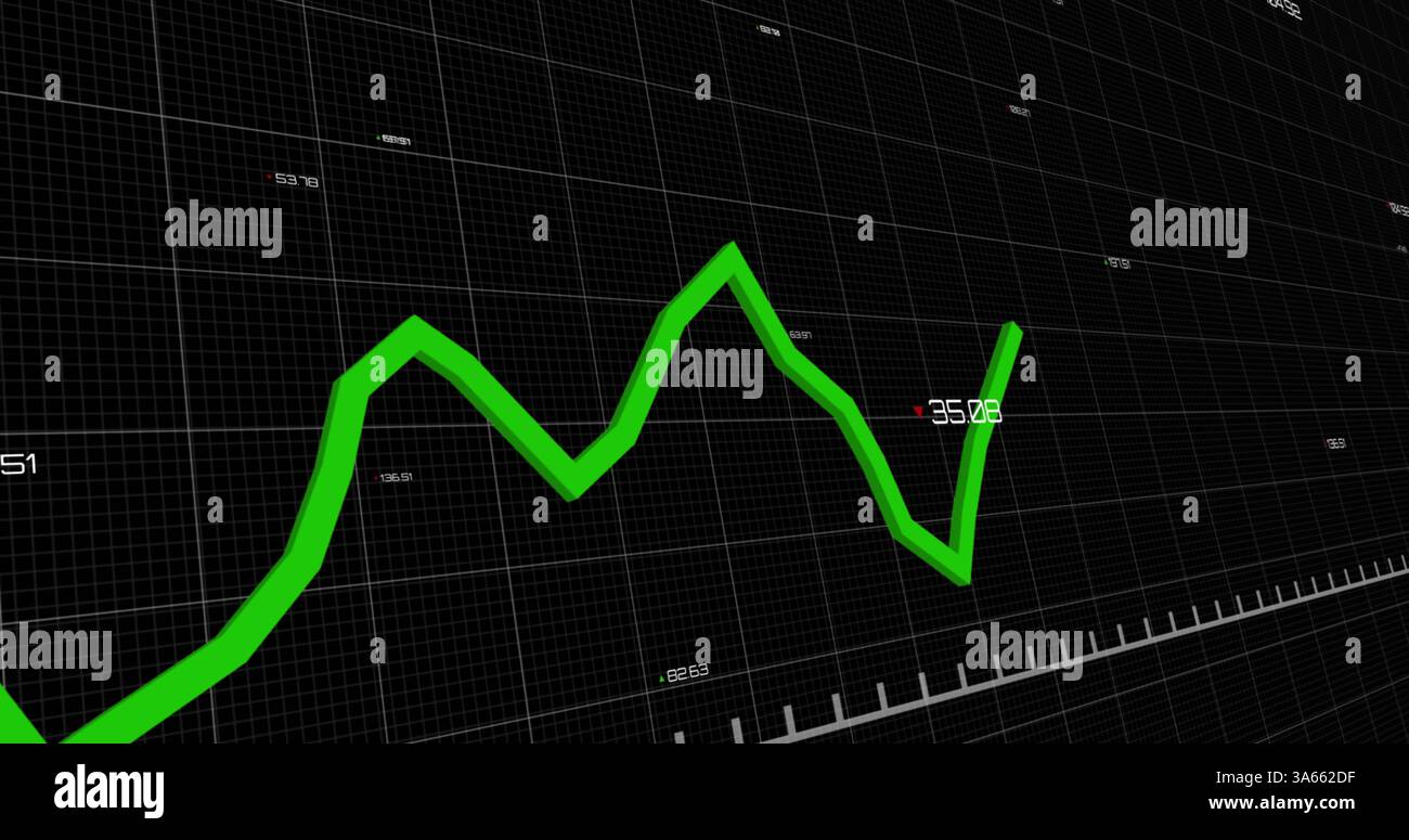 Green line graph showing financial market trends on digital screen ...