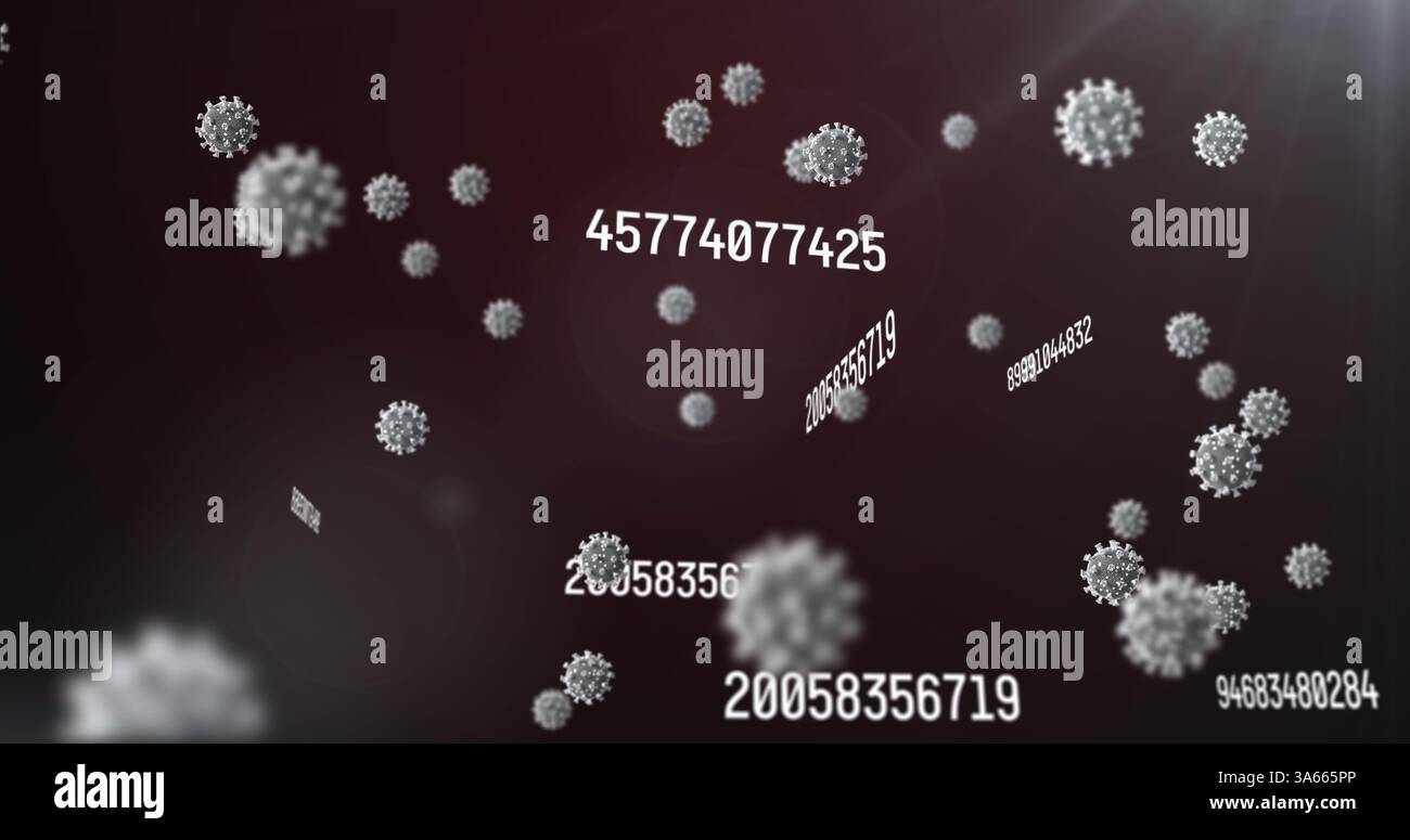 Digital image of multiple changing numbers floating against cells moving on purple background ...
