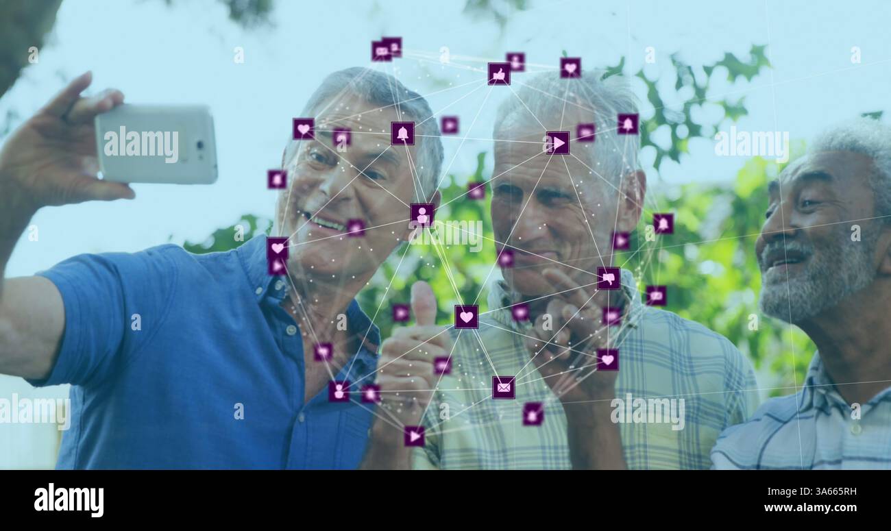Image of network of connection with interface icons over three senior ...