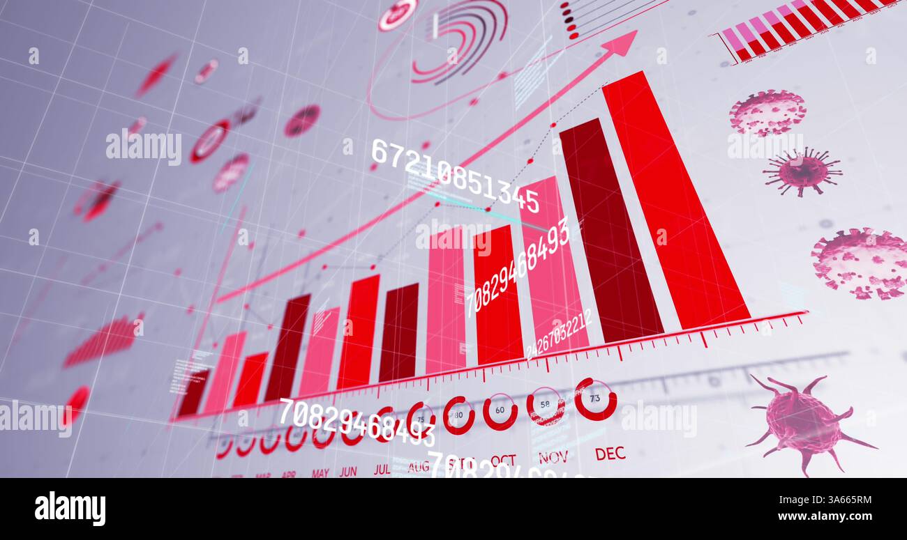 Image of multiple changing numbers floating against statistical data processing on grey ...