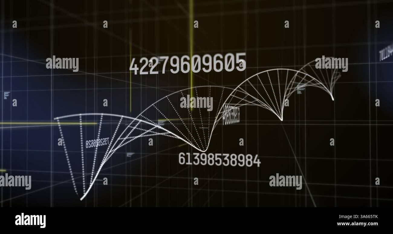 Digital image of multiple changing numbers floating against dna structure spinning Stock Photo ...