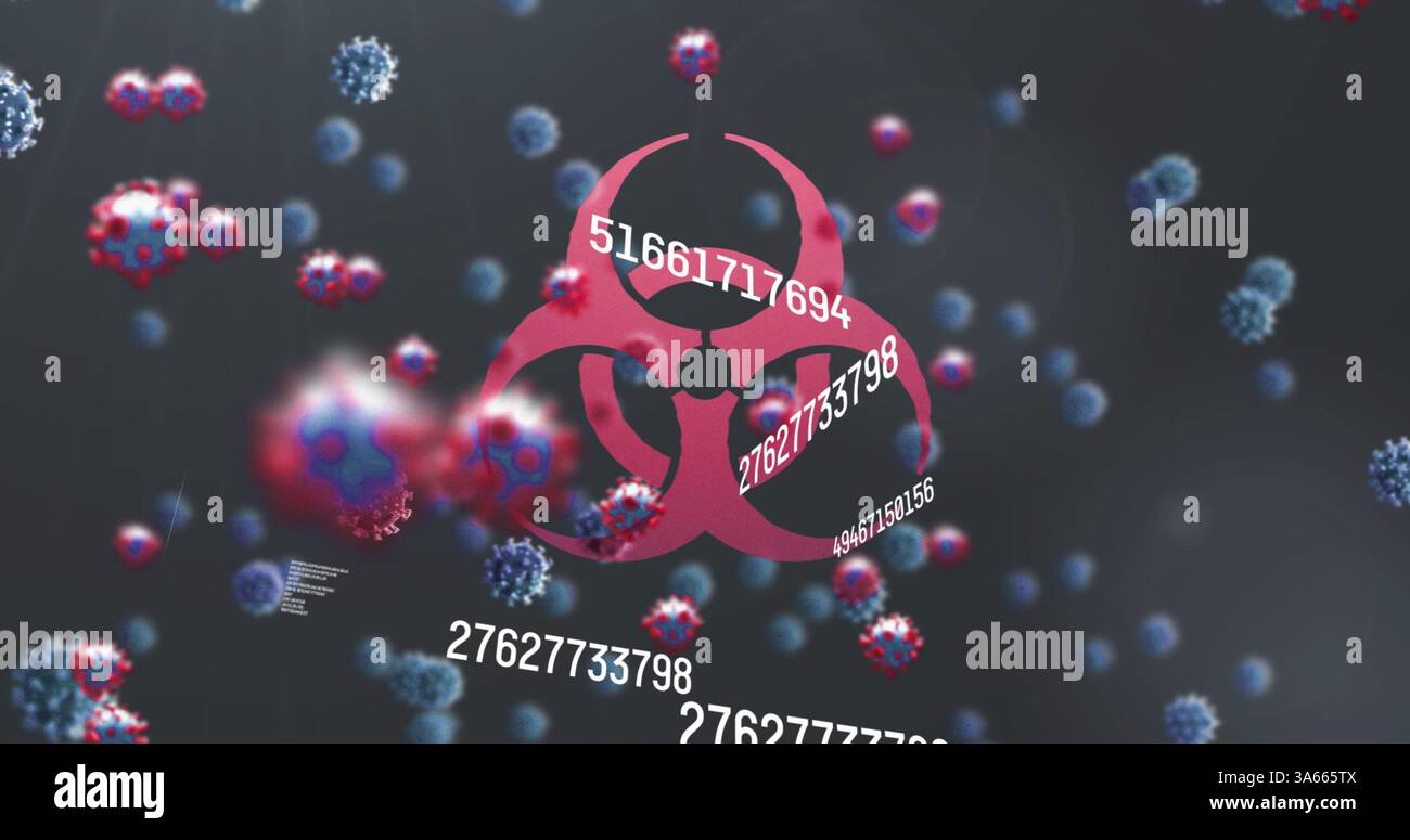Digital image of multiple changing numbers floating over cells against ...