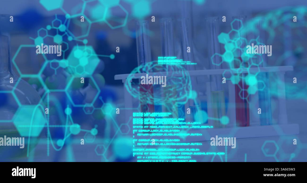 Image of medical data processing, human brain, molecules and chemical ...