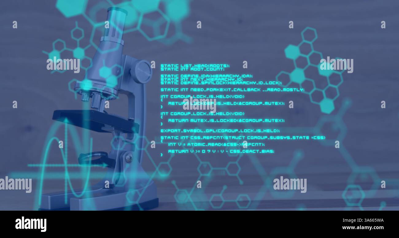 Image of medical data processing and chemical compound structures with microscope in the ...