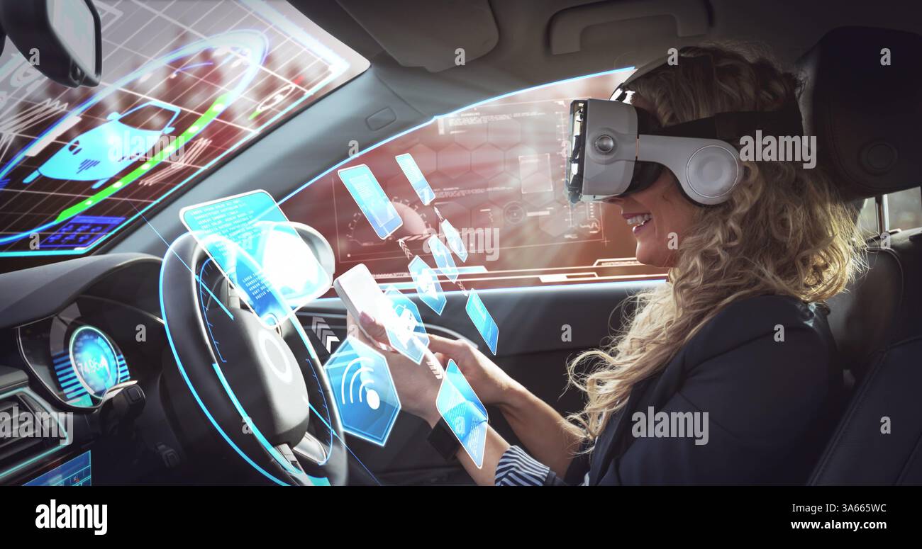 Image of digital interface over woman wearing vr headset in self ...