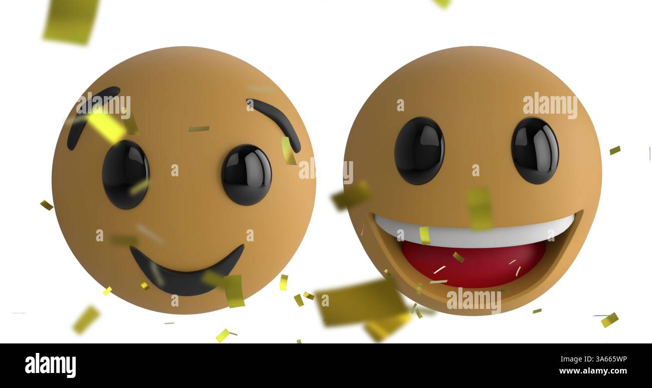 Image of gold confetti falling over two smiling emojis on white ...