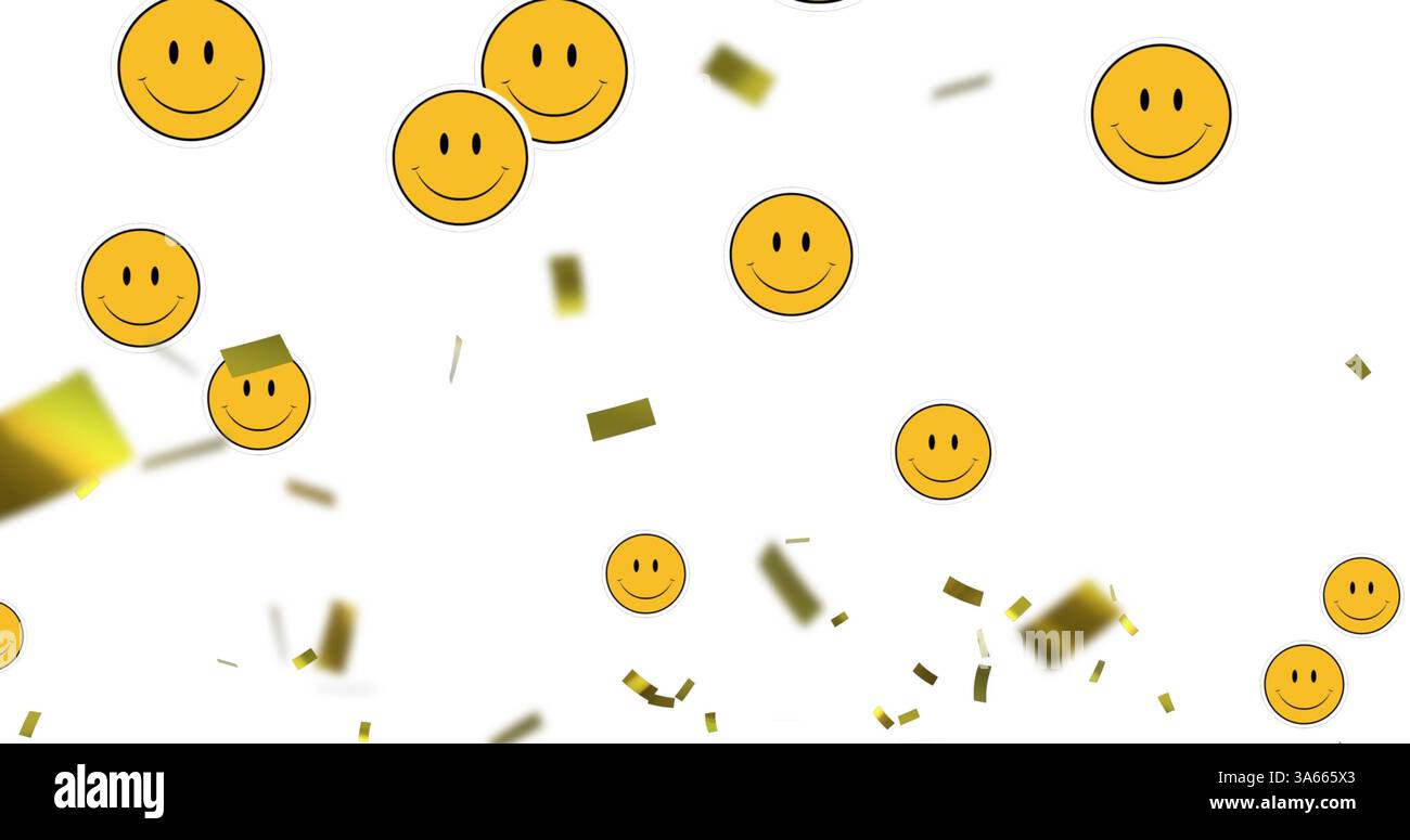 Image of gold falling over smiling emojis on white background Stock ...