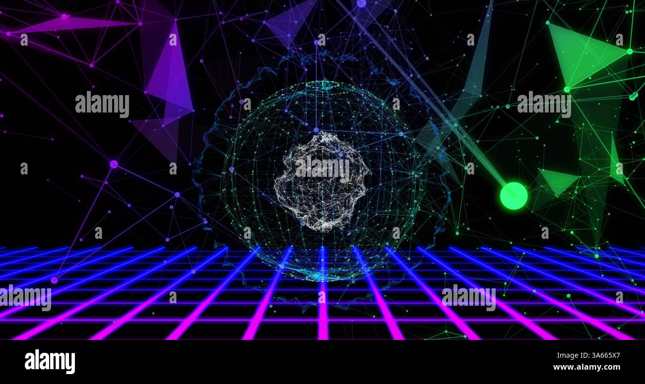 3d structure turning in sphere purple and green shapes floating with ...