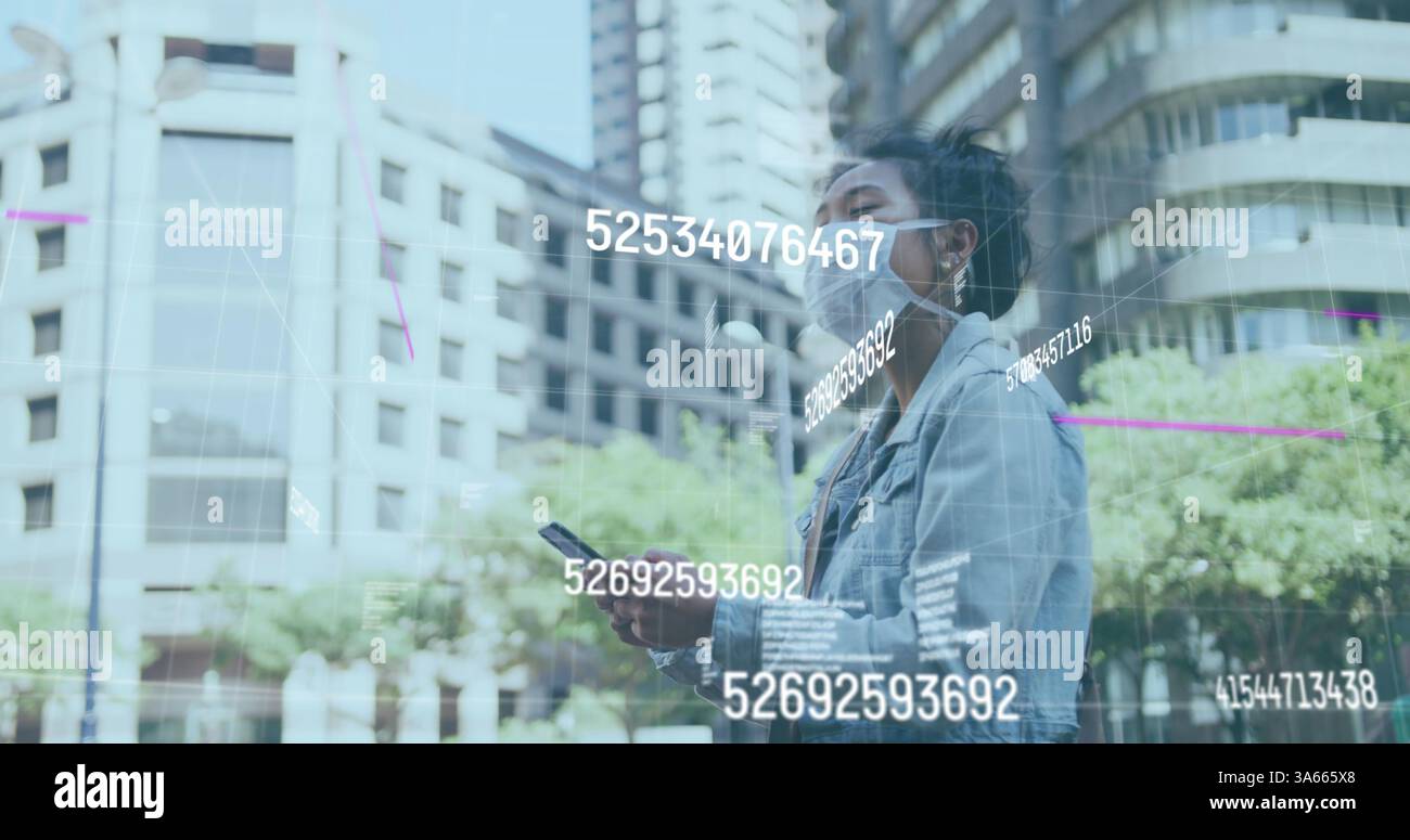 Image of multiple changing numbers floating against woman wearing face ...