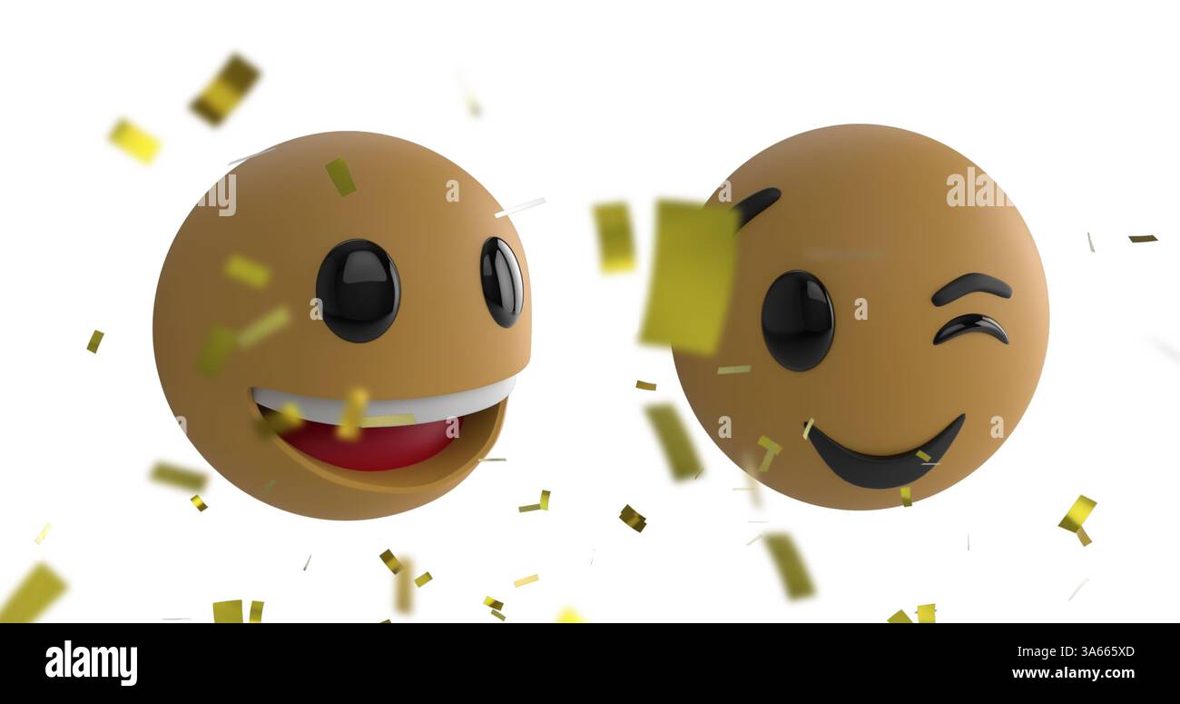 Image of gold confetti falling over two smiling emojis on white ...