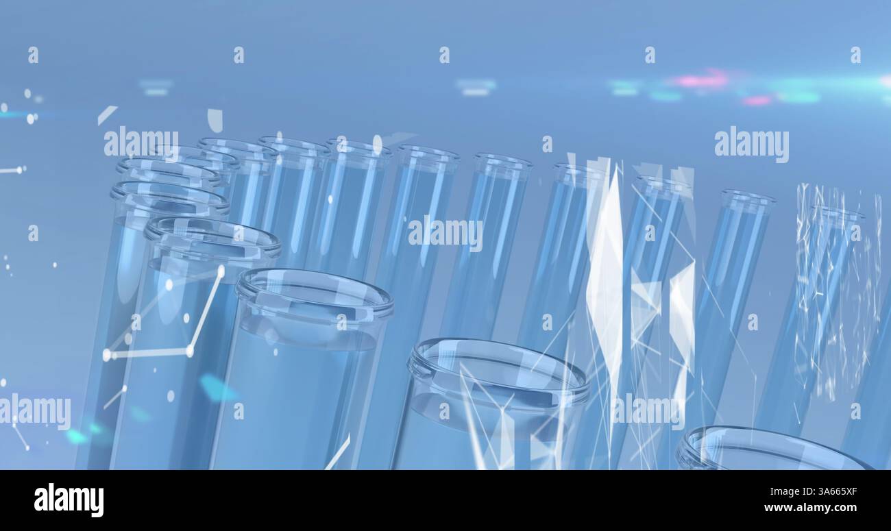 Image of white networks of connections floating against laboratory test ...