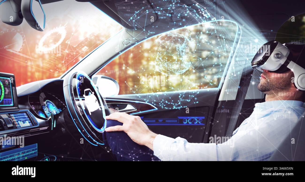 Image of network of connections over businessman wearing vr headset in ...