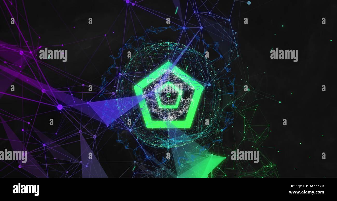 Green concentric hexagons on 3d structure in sphere with purplel shapes ...