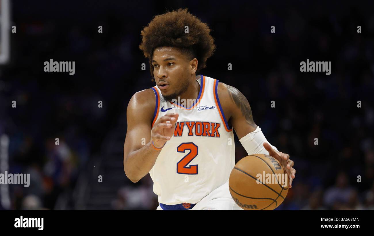 New York Knicks guard Miles McBride pushes the ball upcourt against the ...