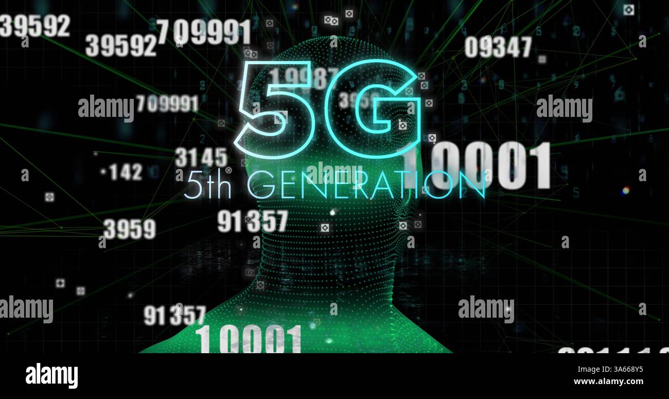 5g text and multiple changing numbers over spinning human face model against black background ...