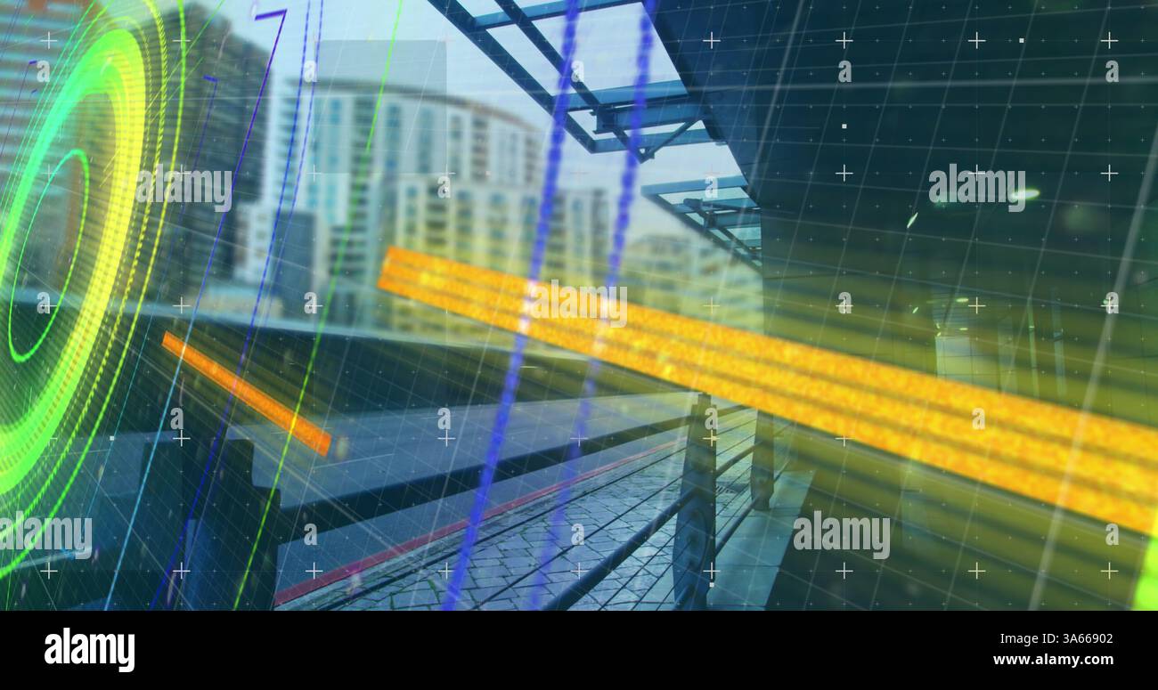 Digital composite of image of round scope scanner over grid network ...